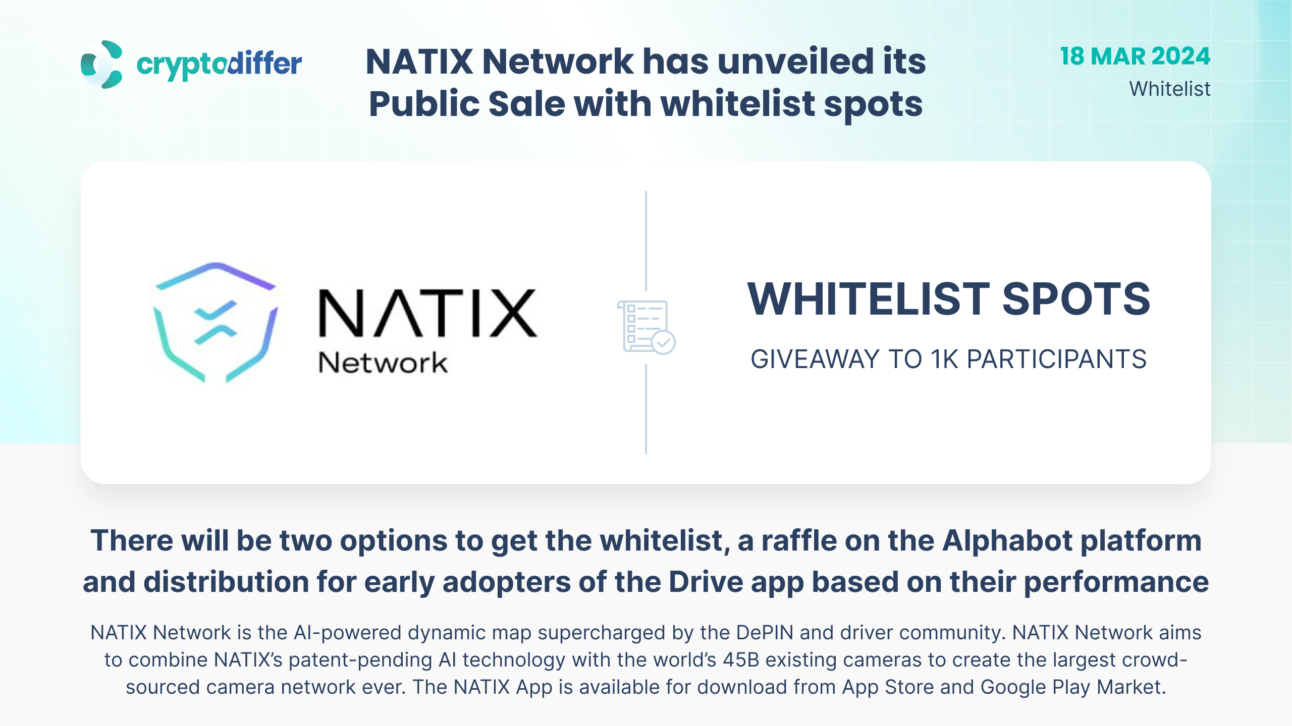 NATIX Network has unveiled its Public Sale with whitelist spots
