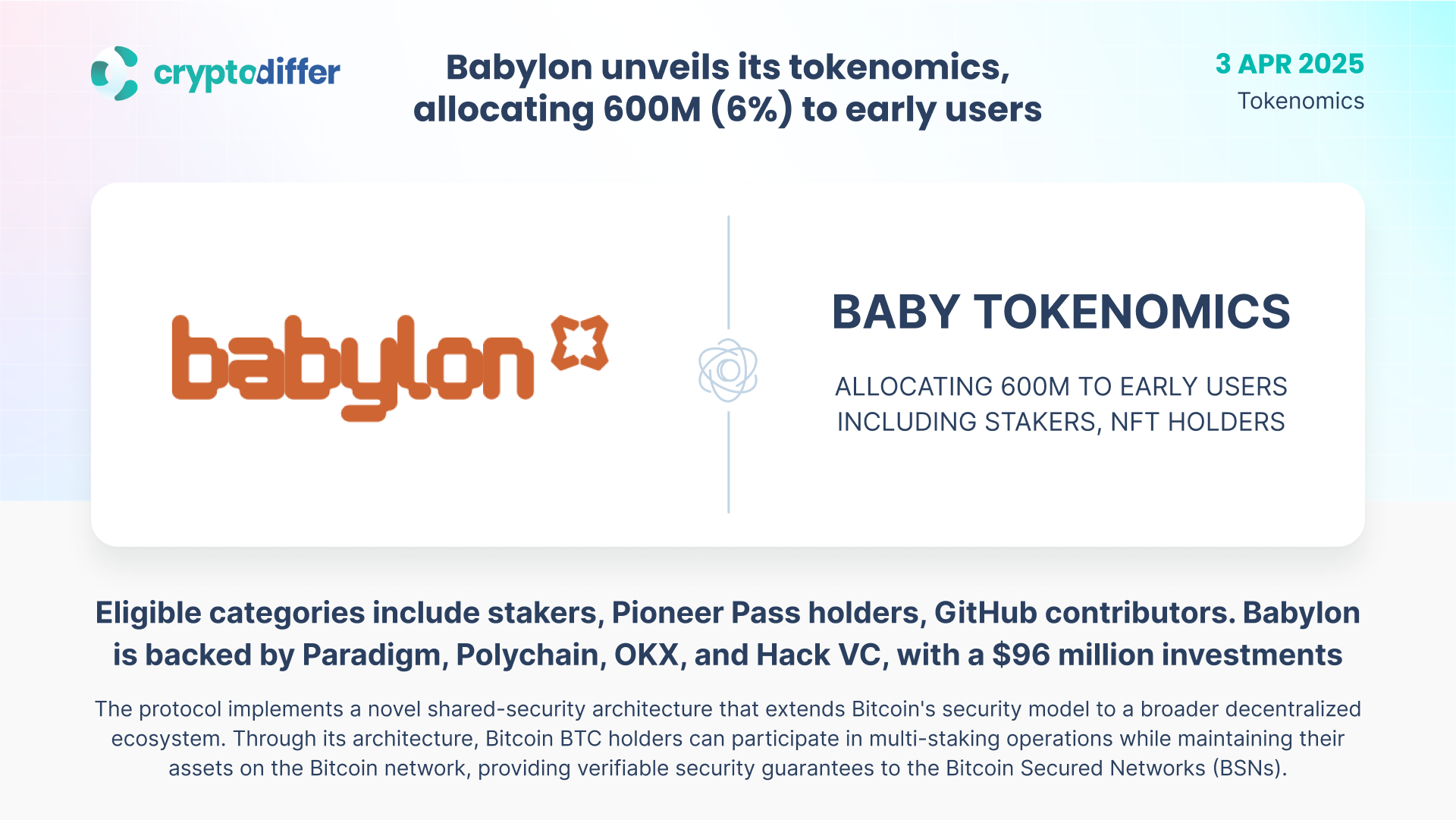 Paradigm-backed project Babylon unveils BABY tokenomics, allocating 6% ...